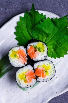 Salmon Sushi Roll with Takuan Pickles & Green Onion | Sudachi