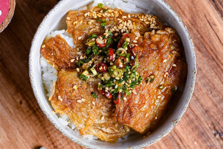 Crispy Pan-Fried Enoki Mushroom Rice Bowl | Sudachi